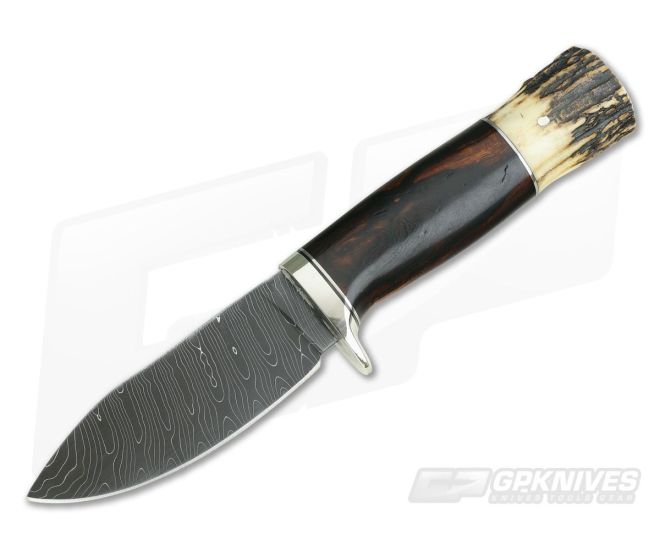 Burr Oak Custom Hunter Bold Twist Damascus Ironwood and Stag Knife For Sale