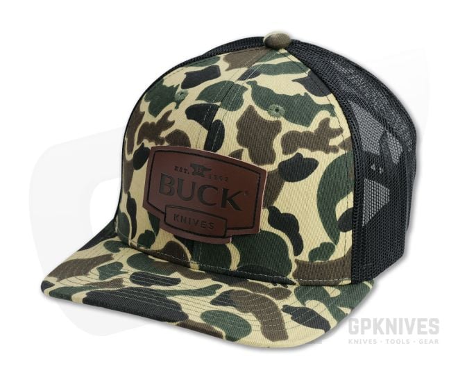 Buck Knives Leather Logo Patch Camo Mesh Back Trucker Hat For Sale