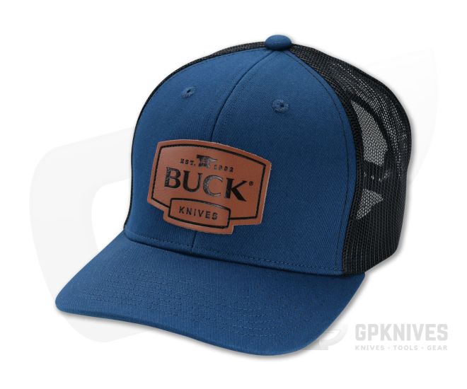 Buck Knives Leather Logo Patch Blue Mesh Back Trucker Hat For Sale