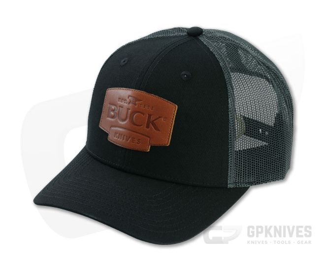 Buck Knives Leather Patch Hat - Black/Charcoal Mesh Snapback 89184