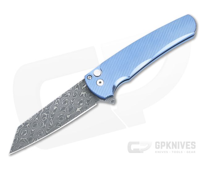 Protech Custom Malibu Button Lock Flipper With Machined Blue Ano Titanium and Vegas Forge Vines ...